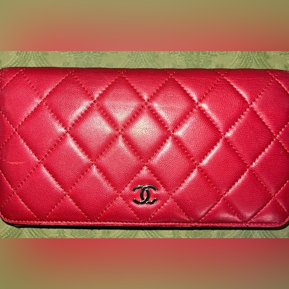 CHANEL | Bags | Chanel Lambskin Leather Red Quilted Bifold Long Wallet ...